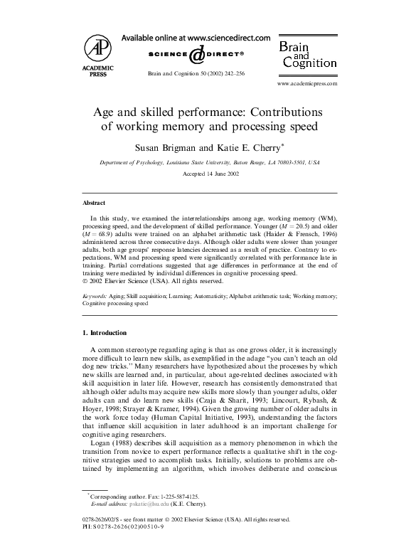 (PDF) Age and skilled performance: Contributions of working memory and processing speed