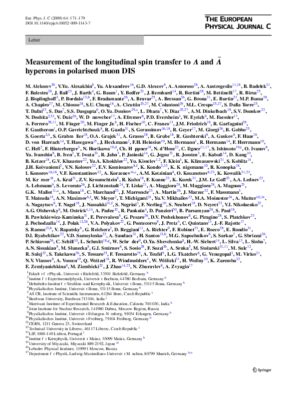 (PDF) Measurement of the longitudinal spin transfer to Λ and $\bar{\varLambda}$ hyperons in ...