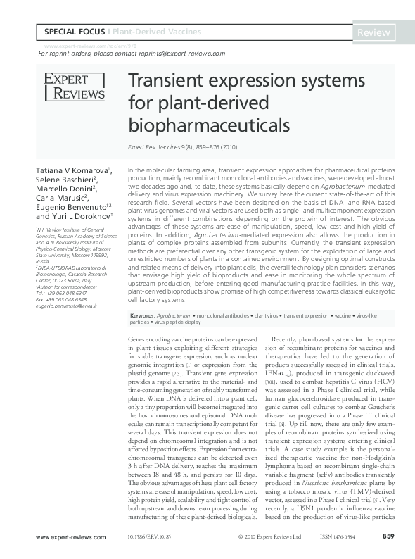 (PDF) Transient expression systems for plant-derived biopharmaceuticals