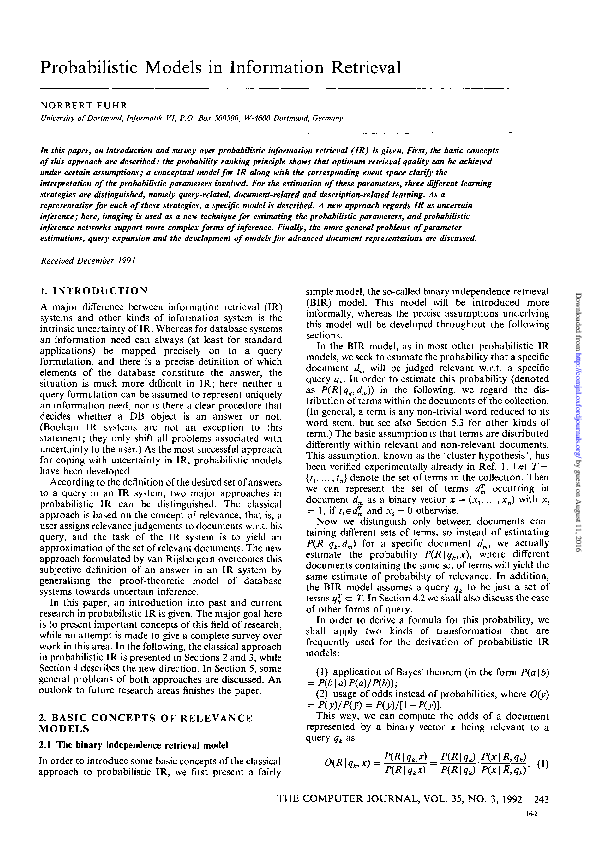 (PDF) Probabilistic Models in Information Retrieval