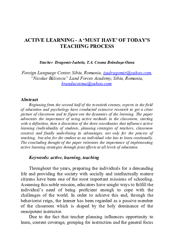 (DOC) ACTIVE LEARNING -A 'MUST HAVE' OF TODAY'S TEACHING PROCESS