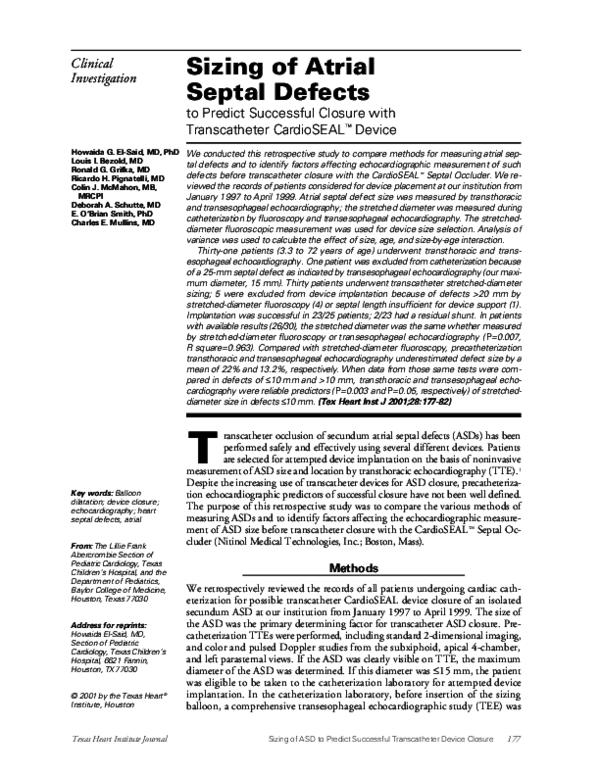 (PDF) Sizing of atrial septal defects to predict successful closure ...