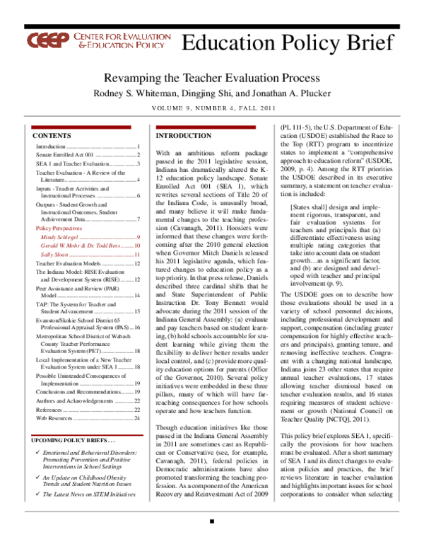 (PDF) Revamping the Teacher Evaluation Process. Education Policy Brief. Volume 9, Number 4, Fall ...
