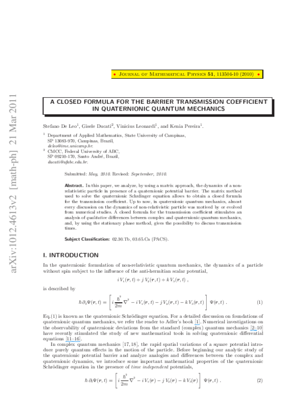 (PDF) A closed formula for the barrier transmission coefficient in quaternionic quantum mechanics