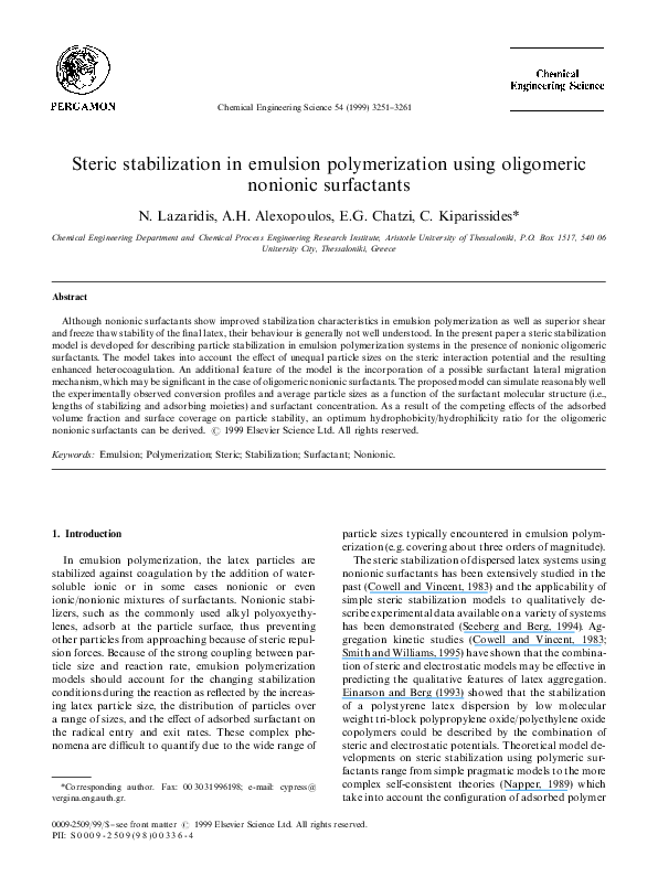 (PDF) Steric stabilization in emulsion polymerization using oligomeric ...