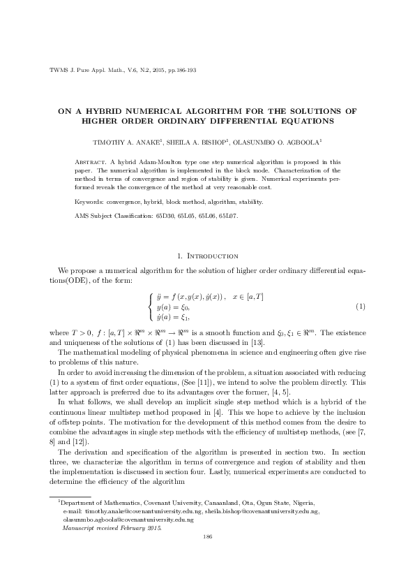 Pdf On A Hybrid Numerical Algorithm For The Solutions Of Higher Order Ordinary Differential