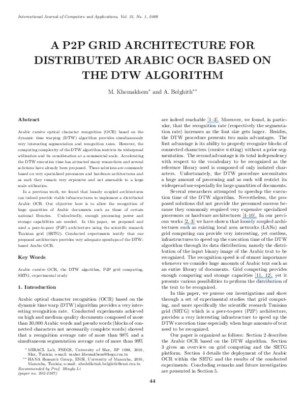 (PDF) A P2P GRID ARCHITECTURE FOR DISTRIBUTED ARABIC OCR BASED ON THE DTW ALGORITHM