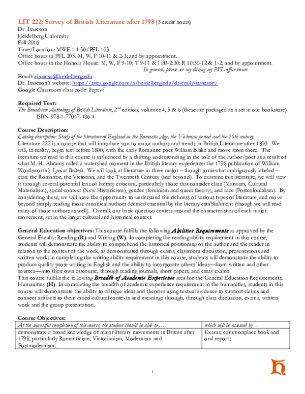 (PDF) Survey of British Literature since 1798, Fall 2016