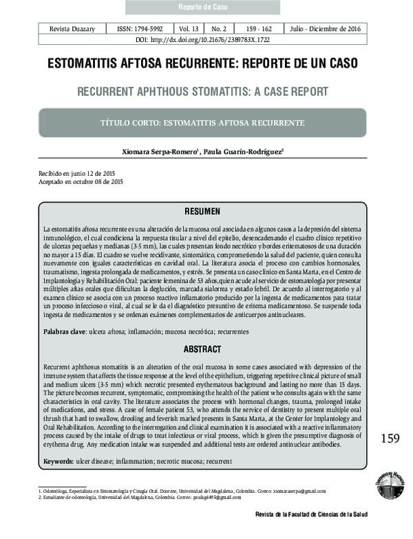 (PDF) Estomatitis aftosa recurrente: reporte de un caso