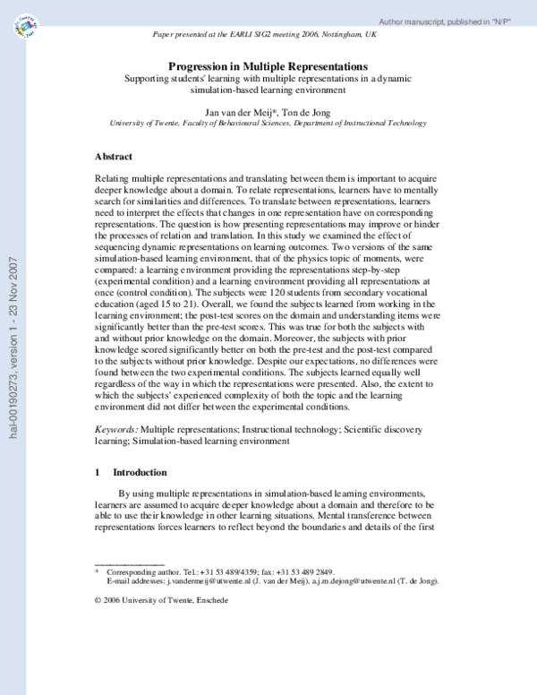 (PDF) Supporting students' learning with multiple representations in a dynamic simulation-based ...