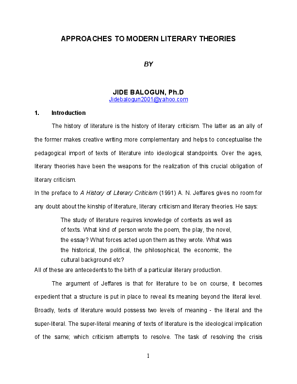 (DOC) APPROACHES TO MODERN LITERARY THEORIES