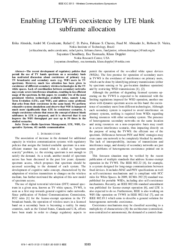 (PDF) Enabling LTE/WiFi coexistence by LTE blank subframe allocation