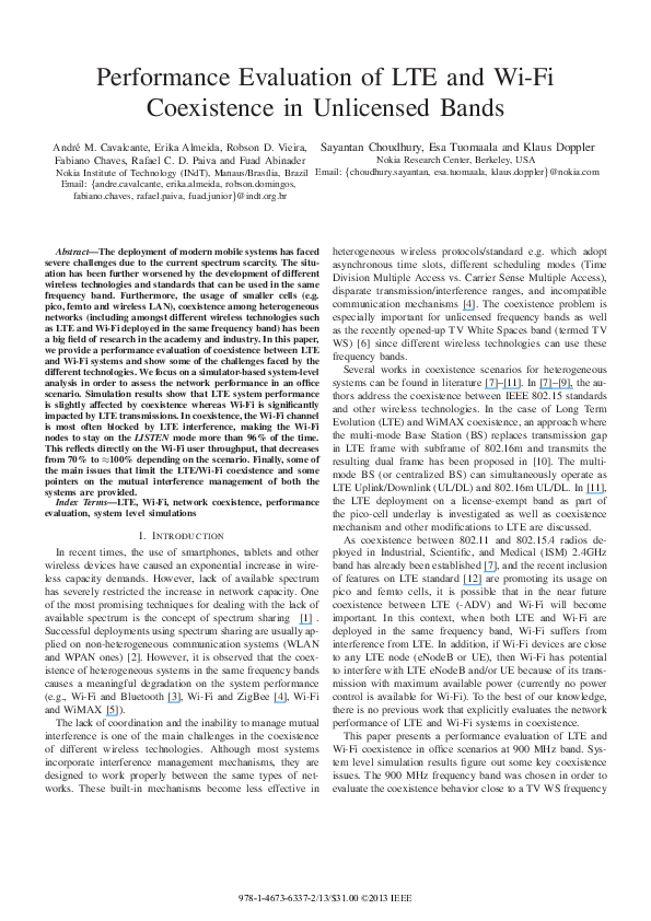 Pdf Performance Evaluation Of Lte And Wi Fi Coexistence In Unlicensed Bands