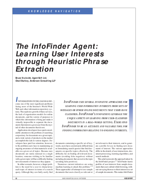 (PDF) The InfoFinder Agent: Learning User Interests through Heuristic ...