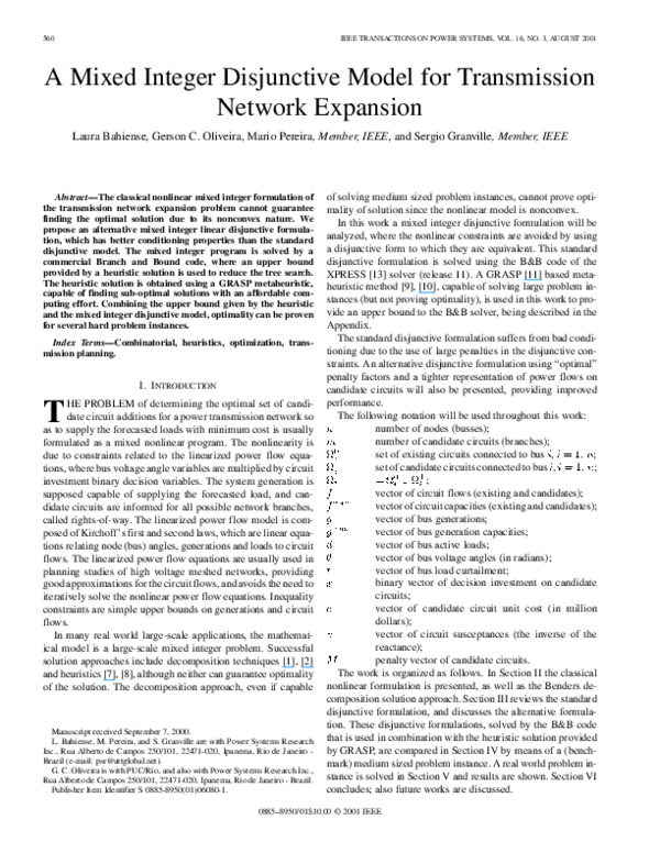 (PDF) A mixed integer disjunctive model for transmission network expansion
