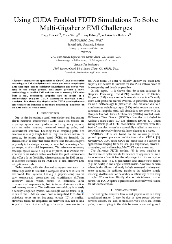 Pdf Using Cuda Enabled Fdtd Simulations To Solve Multi Gigahertz Emi Challenges