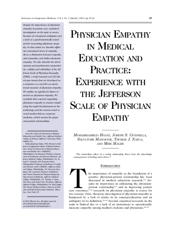 (PDF) Development and validation of the Jefferson Scale of Physician Empathy (JSPE) amongst ...
