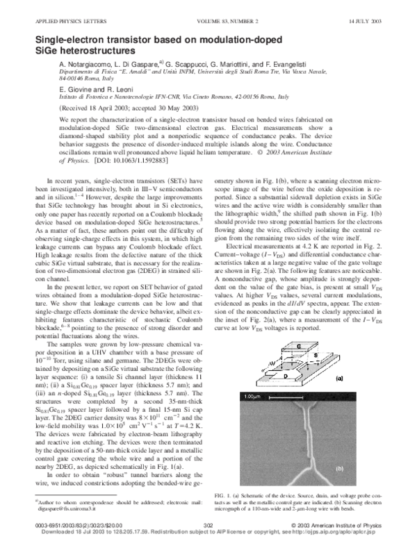 (PDF) Single-electron transistor based on modulation-doped SiGe ...