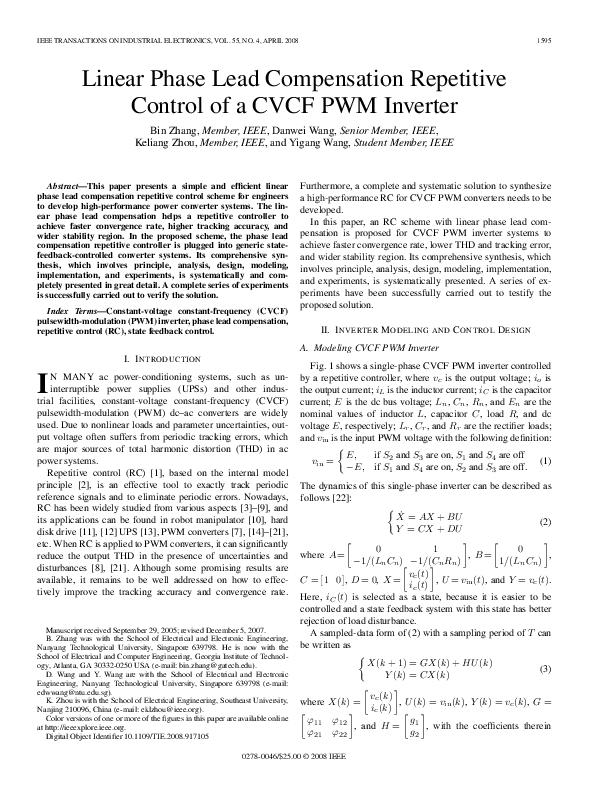 (PDF) Linear Phase Lead Compensation Repetitive Control of a CVCF PWM Inverter