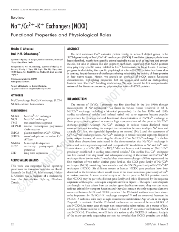 (PDF) Na + /Ca 2+ -K + Exchangers (NCKX):Functional Properties and ...