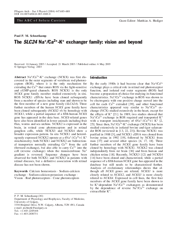 (PDF) The SLC24 Na + /Ca 2+ -K + exchanger family: vision and beyond