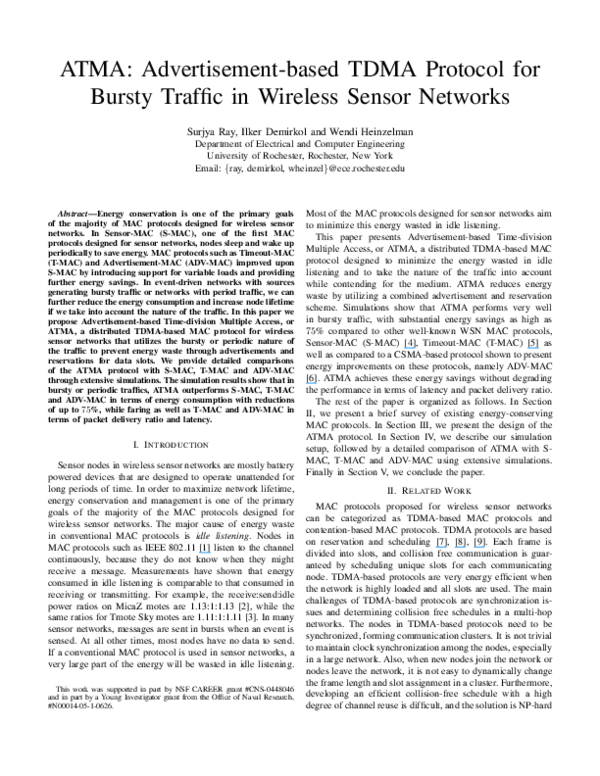 (PDF) ATMA: Advertisement-Based TDMA Protocol for Bursty Traffic in Wireless Sensor Networks