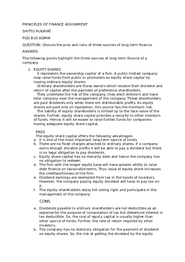 (DOC) PRINCIPLES OF FINANCE ASSIGNMENT