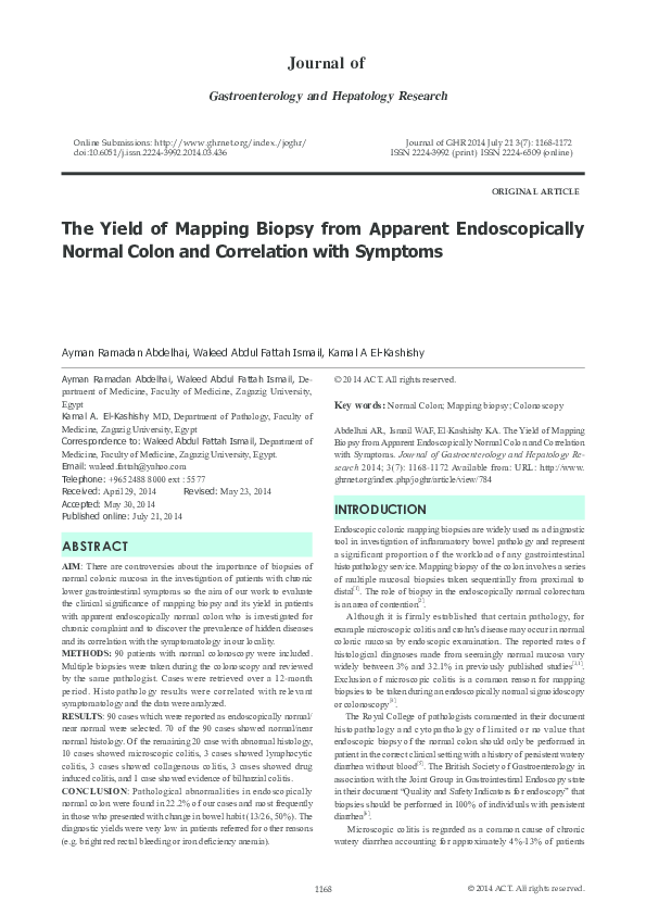 The Yield of Mapping Biopsy from Apparent Endoscopically Normal Colon ...