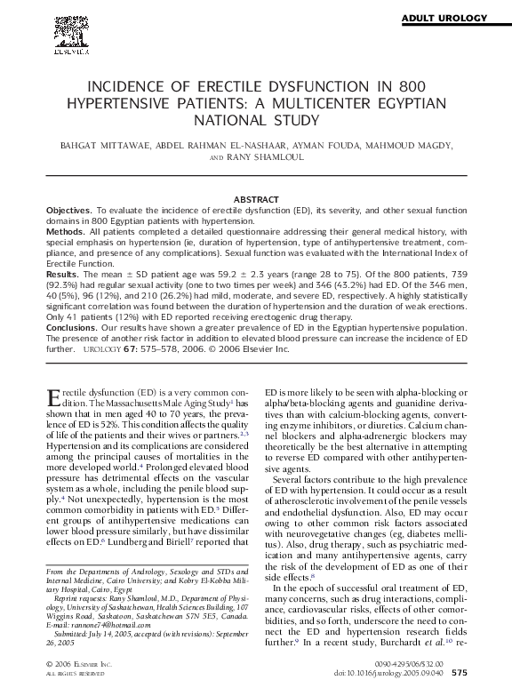 (PDF) Incidence of erectile dysfunction in 800 hypertensive patients: A ...