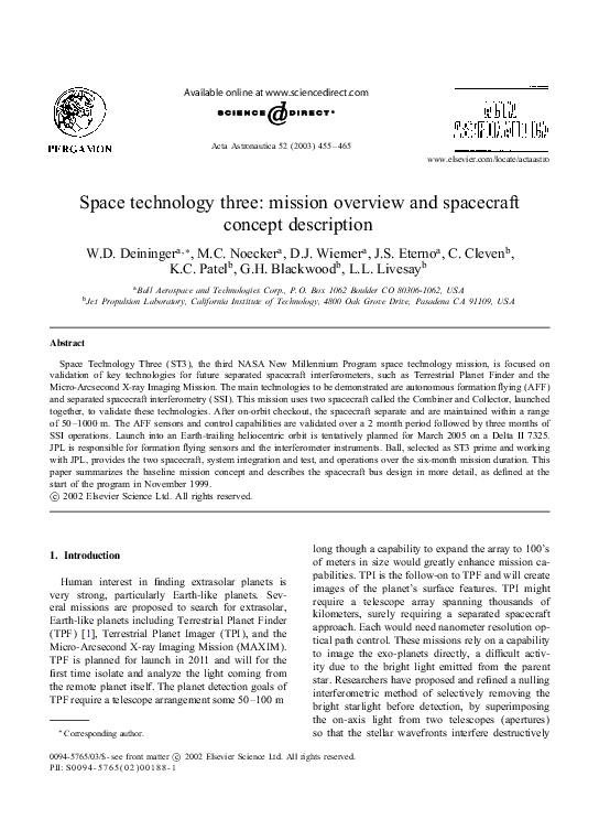 (PDF) Space technology three: mission overview and spacecraft concept ...