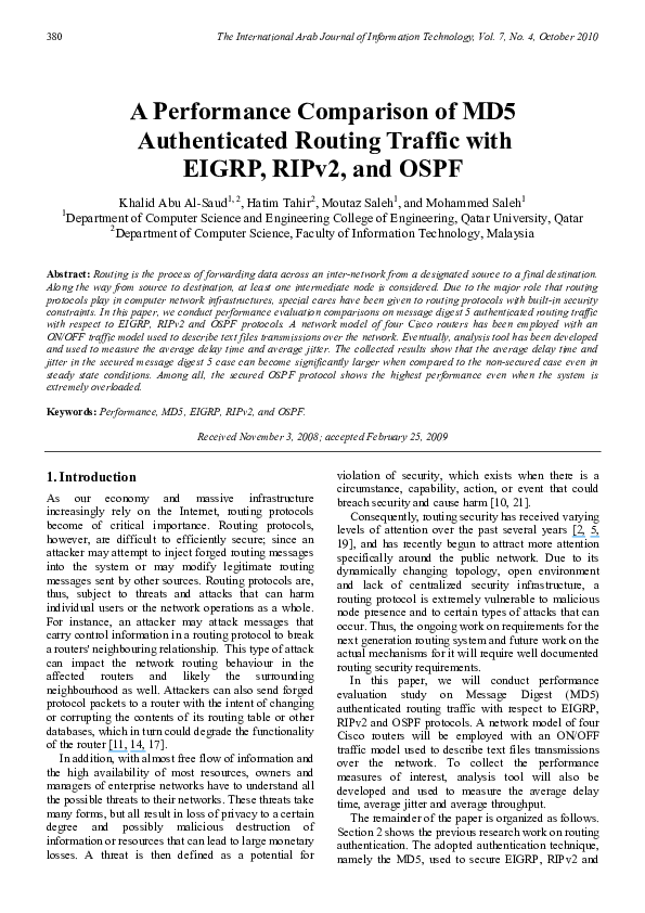 Pdf A Performance Comparison Of Md5 Authenticated Routing Traffic With Eigrp Ripv2 And Ospf