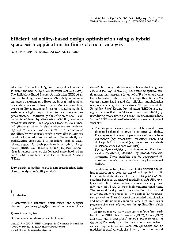 (PDF) Efficient reliability-based design optimization using a hybrid space with application to ...