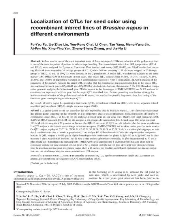 (PDF) Localization of QTLs for seed color using recombinant inbred lines of Brassica napus in ...