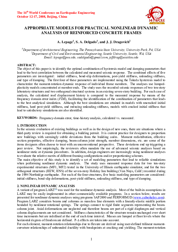 Pdf Appropriate Models For Practical Nonlinear Dynamic Analysis Of Reinforced Concrete Frames