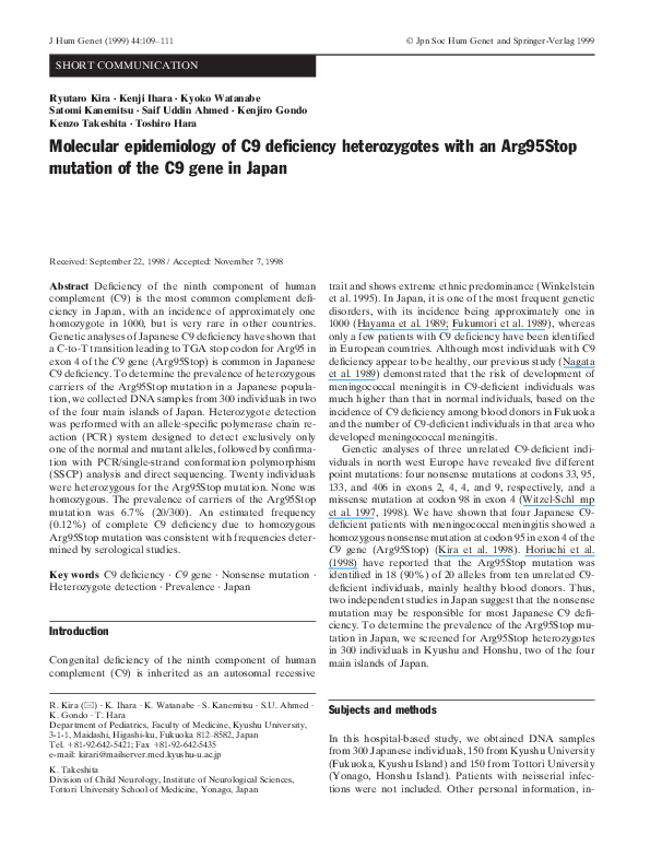 (PDF) Molecular epidemiology of C9 deficiency heterozygotes with an ...