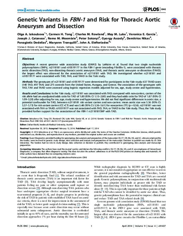 (PDF) Genetic Variants in FBN-1 and Risk for Thoracic Aortic Aneurysm ...