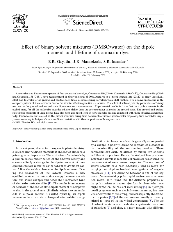 Pdf Effect Of Binary Solvent Mixtures Dmsowater On The Dipole