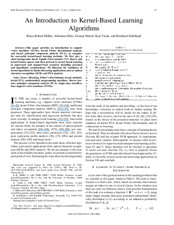 Pdf An Introduction To Kernel Based Learning Algorithms