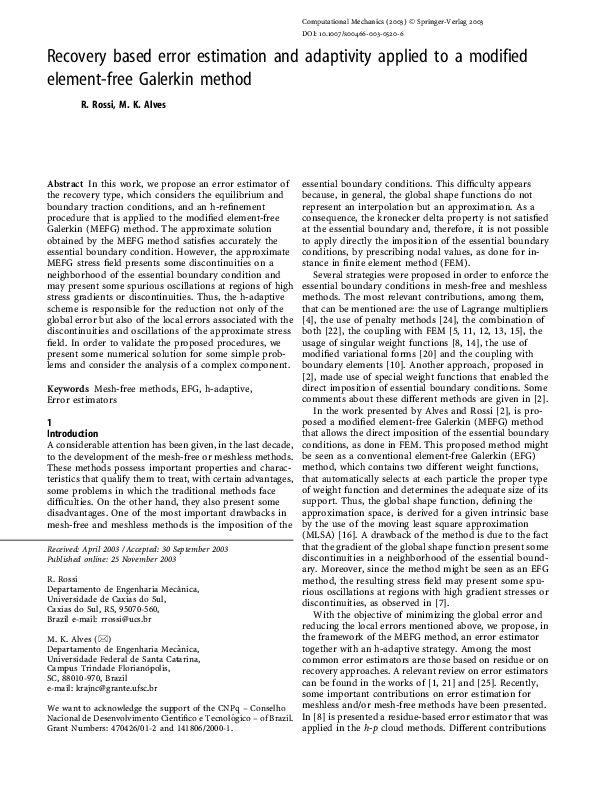 (PDF) Recovery based error estimation and adaptivity applied to a modified element-free Galerkin ...