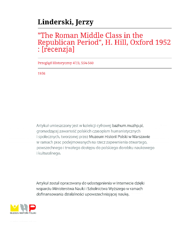 J.Linderski, Review of H. Hill, The Roman Middle Class in the ...