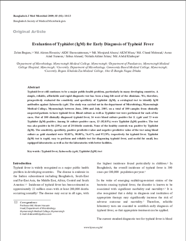 (PDF) Evaluation of Typhidot (IgM) for Early Diagnosis of Typhoid Fever