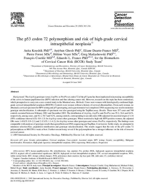 (PDF) The p53 codon 72 polymorphism and risk of high-grade cervical intraepithelial neoplasia
