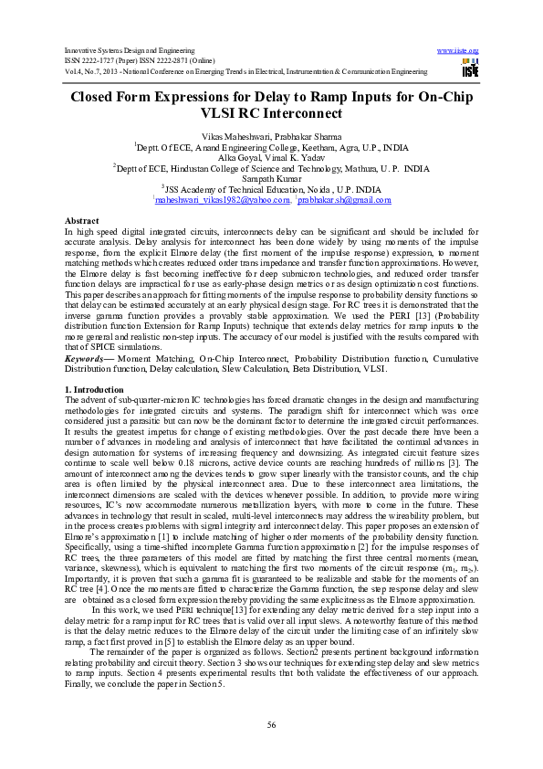 (PDF) Closed Form Expressions for Delay to Ramp Inputs for On-Chip VLSI RC Interconnect