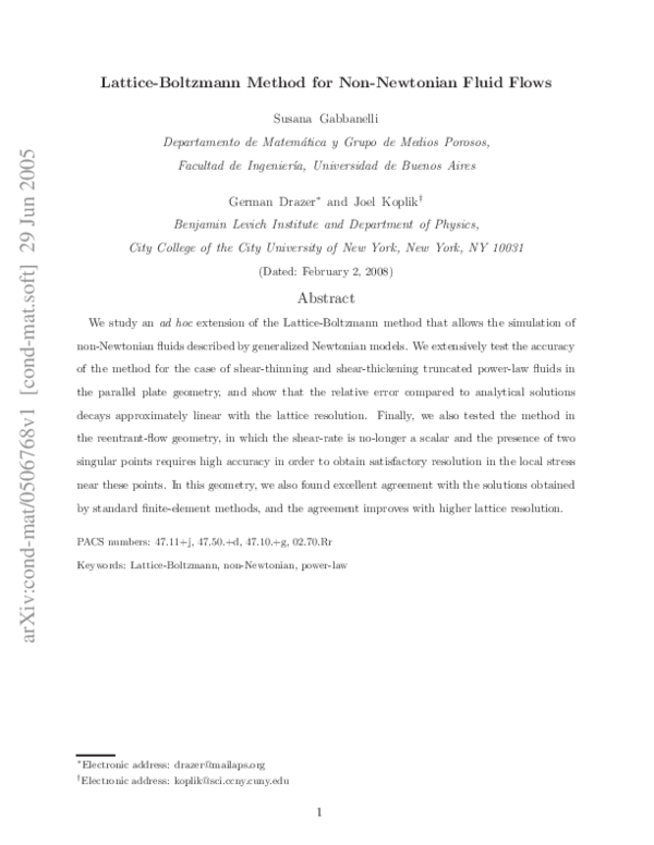 (PDF) Lattice-Boltzmann Method for Non-Newtonian Fluid Flows (PDF) Lattice-Boltzmann Method for Non-Newtonian Fluid Flows