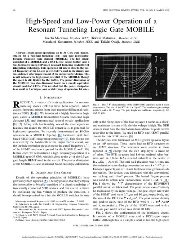 (PDF) High-speed and low-power operation of a resonant tunneling logic gate MOBILE