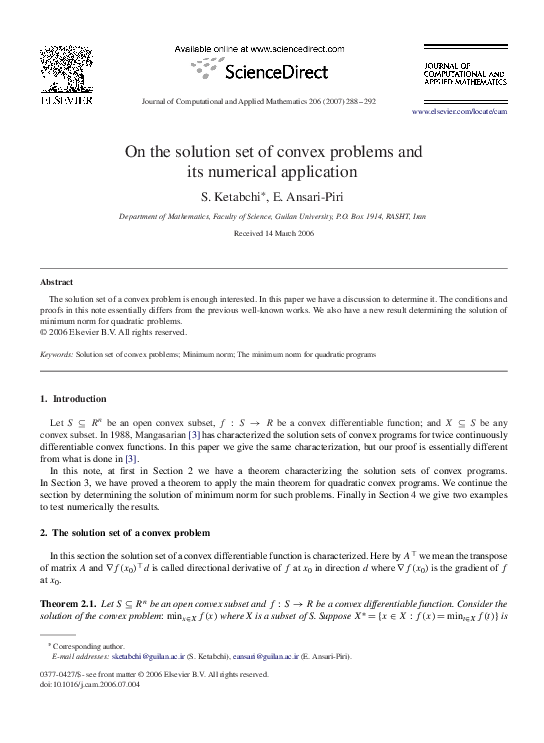 (PDF) On the solution set of convex problems and its numerical application