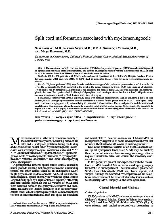 (PDF) Split cord malformation associated with myelomeningocele