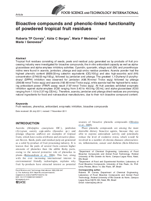 (PDF) Bioactive compounds and phenolic-linked functionality of powdered tropical fruit residues