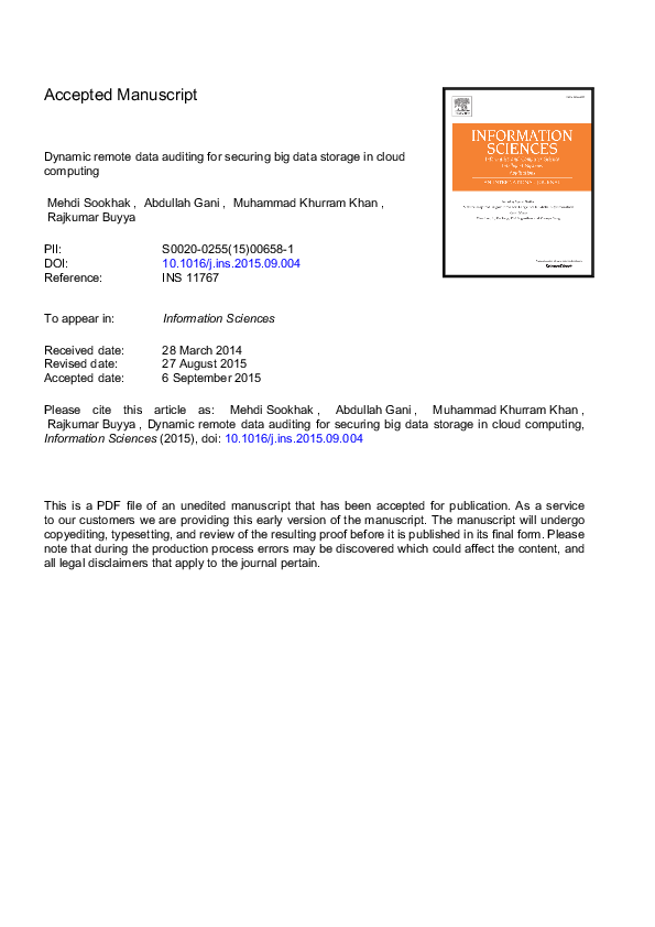 (PDF) Dynamic remote data auditing for securing big data storage in cloud computing