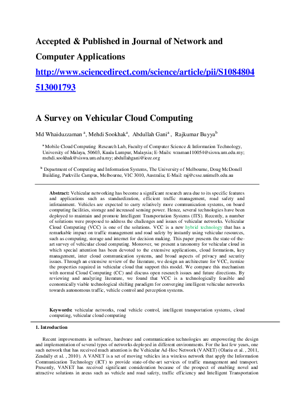 (PDF) A survey on vehicular cloud computing